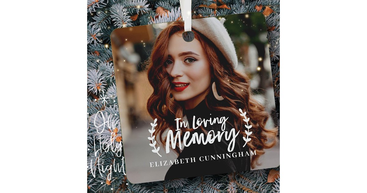 In Loving Memory Cursive Foliage Photo Memorial Metal Ornament | Zazzle