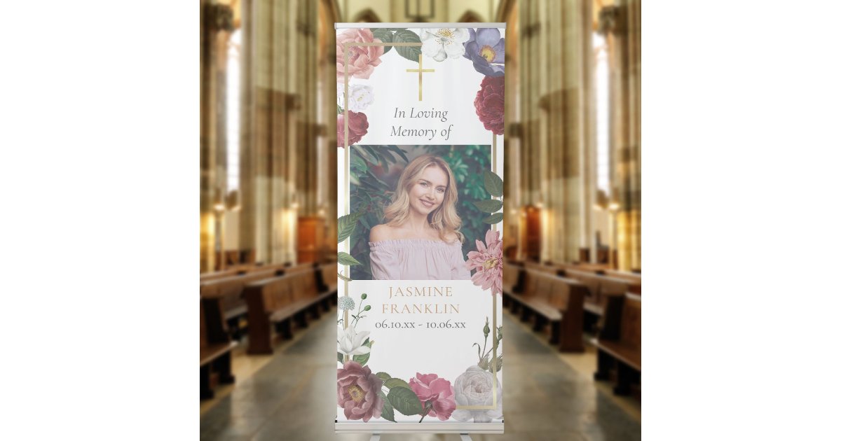 In Loving Memory Floral Photo Christian Funeral Retractable Banner | Zazzle