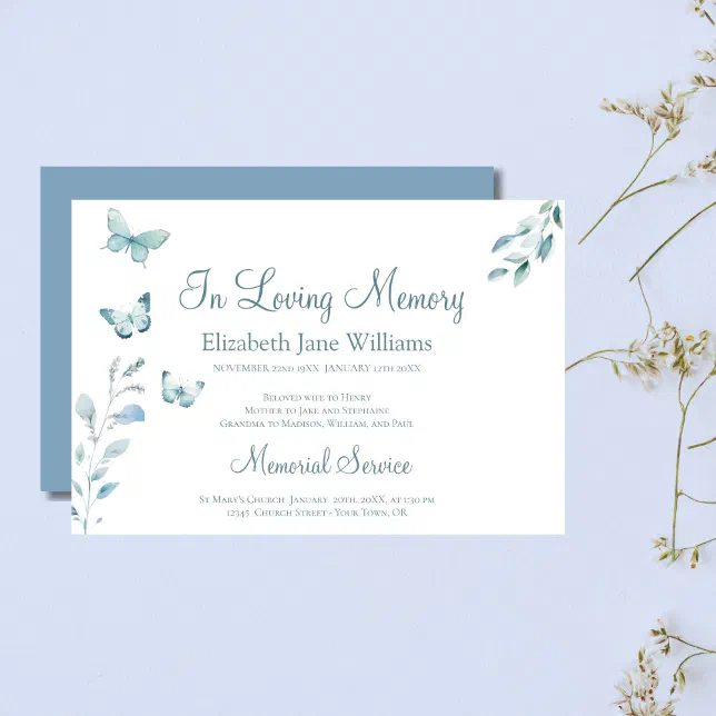 In Loving Memory Funeral Dusty Blue Butterfly Invitation | Zazzle