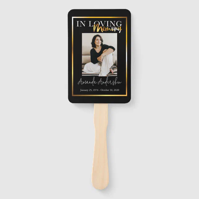 In Loving Memory Gold Funeral Memorial Photo Hand Fan | Zazzle
