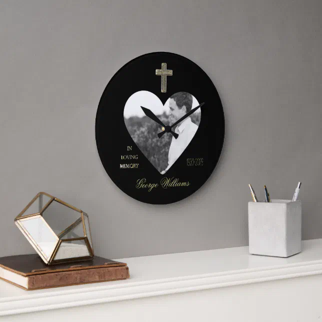 In Loving Memory Golden Cross Heart Shape Photo Large Clock | Zazzle