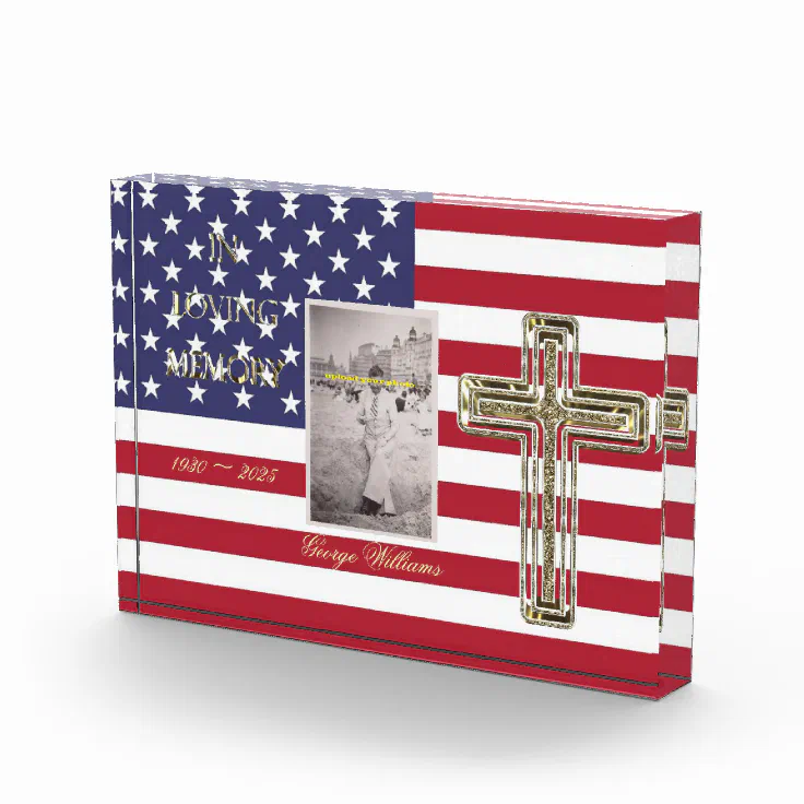 In Loving Memory Golden Cross Photo Patriotic USA Acrylic Award | Zazzle
