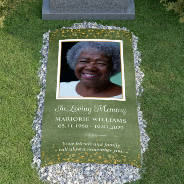 In Loving Memory Green Gold Photo Grave Cover Banner | Zazzle