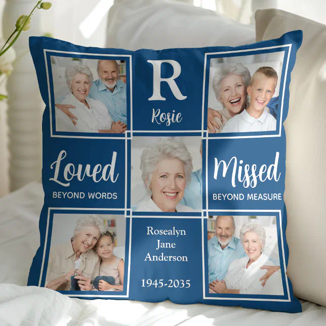 In Loving Memory Keepsake Blue Photo Memorial Throw Pillow | Zazzle