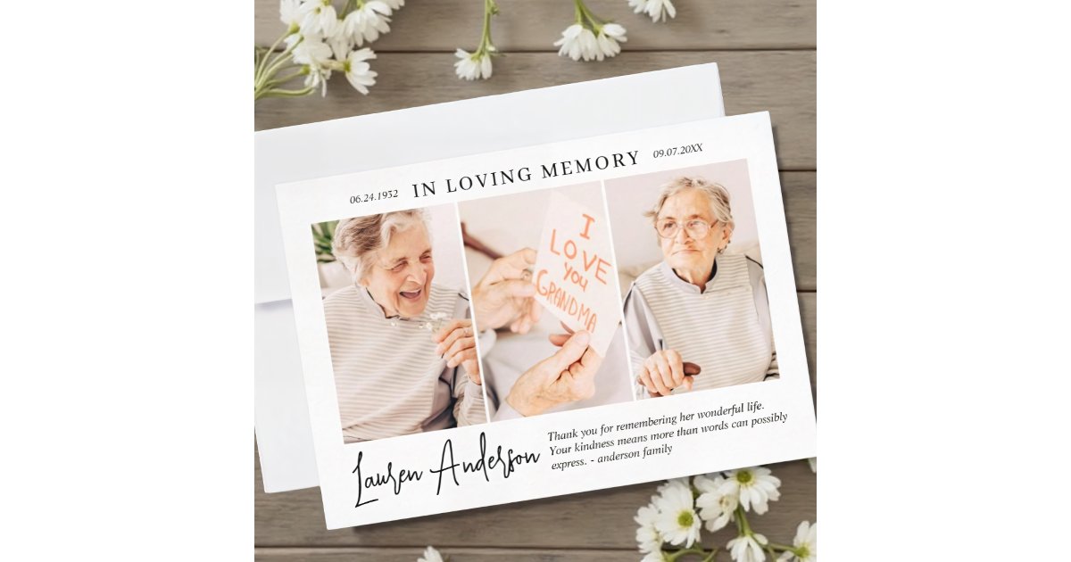 In Loving Memory Memorial Modern Simple 3 Photo Thank You Card | Zazzle