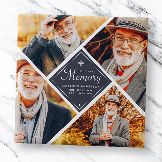In Loving Memory Modern Cross Multi Photo Template Button | Zazzle