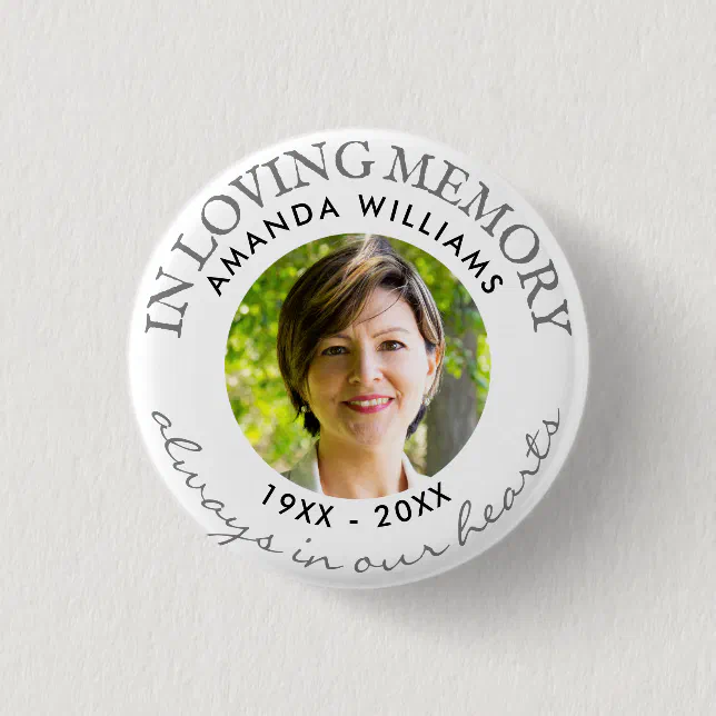 In Loving Memory Modern White Photo Memorial Button | Zazzle
