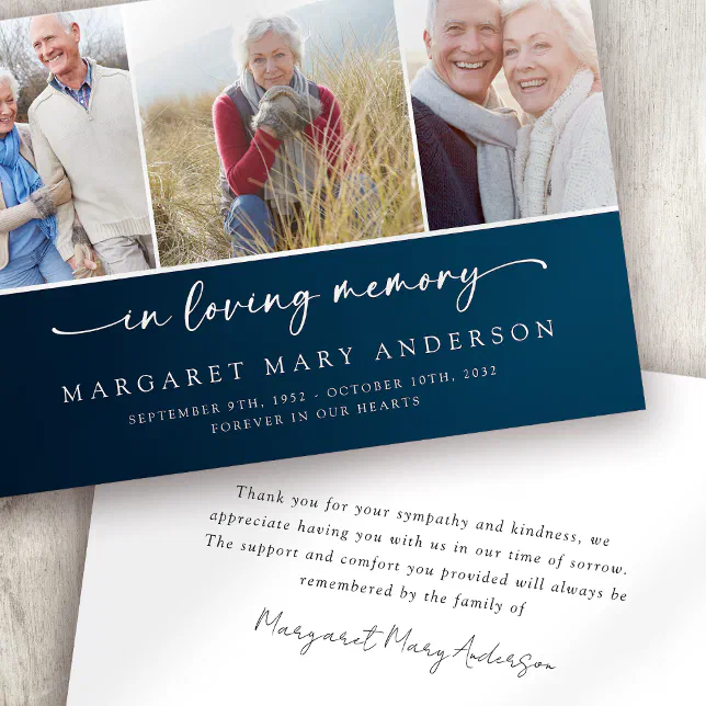 In Loving Memory | Navy Photos Funeral Sympathy Thank You Card | Zazzle