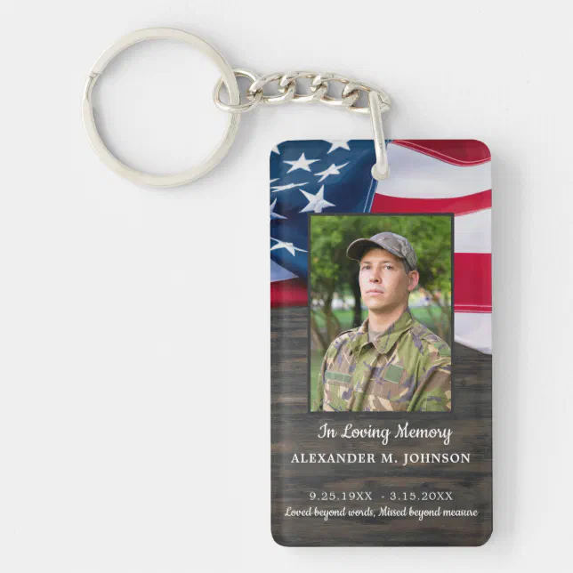 In Loving Memory Patriotic Flag Memorial Photo Keychain | Zazzle