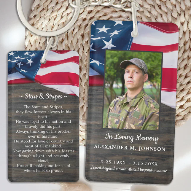 In Loving Memory Patriotic Flag Memorial Photo Keychain | Zazzle