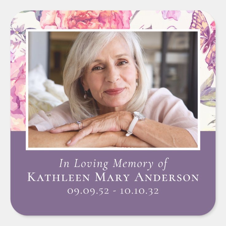 In Loving Memory Peony Photo Sympathy Square Sticker | Zazzle