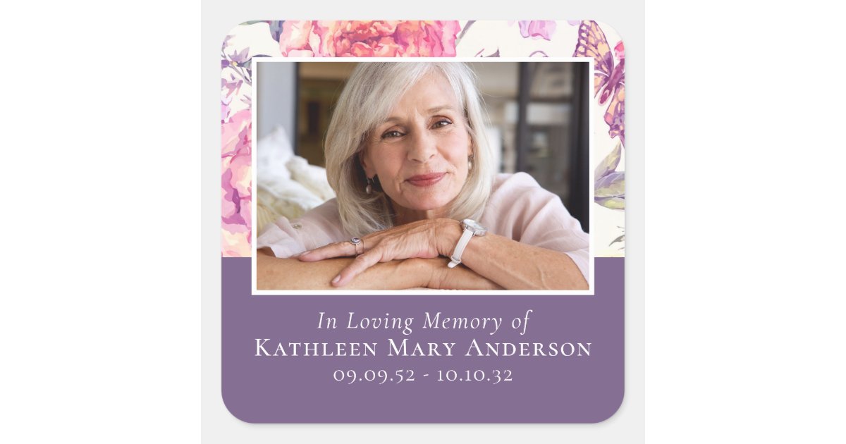 In Loving Memory Peony Photo Sympathy Square Sticker | Zazzle