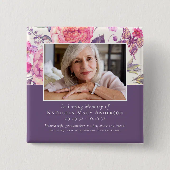 In Loving Memory Peony Photo Tribute Button | Zazzle