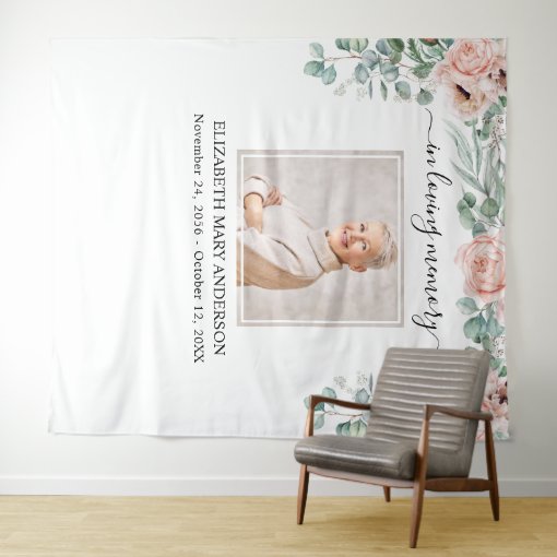 In Loving Memory Photo Blush Pink Peony Memorial Tapestry | Zazzle