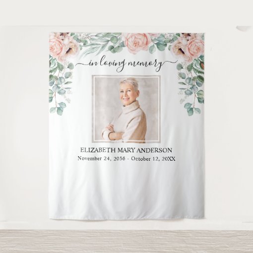 In Loving Memory Photo Blush Pink Peony Memorial Tapestry | Zazzle