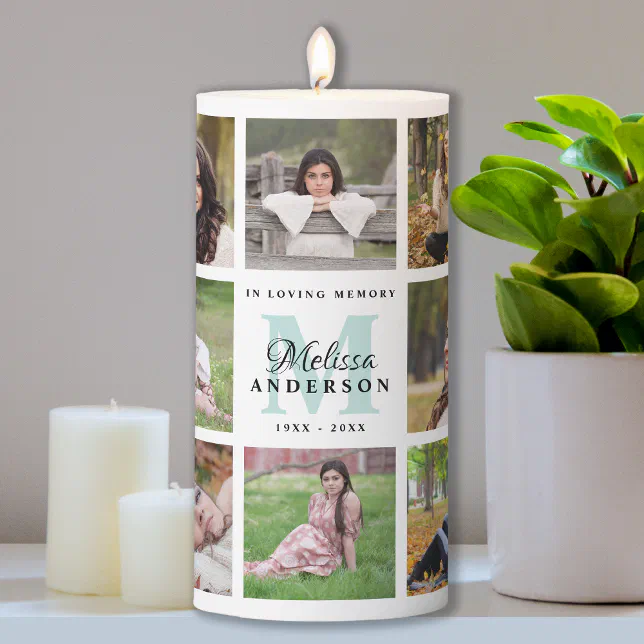 In Loving Memory Photo Collage Monogram Memorial Pillar Candle | Zazzle