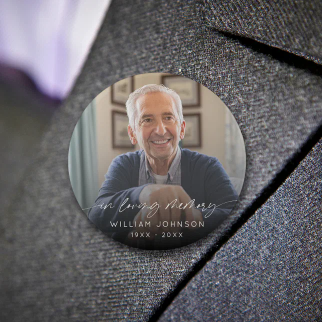 In Loving Memory Photo Elegant Script Funeral Button | Zazzle