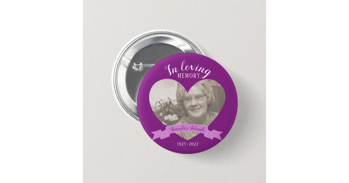 In loving memory photo heart name purple button | Zazzle