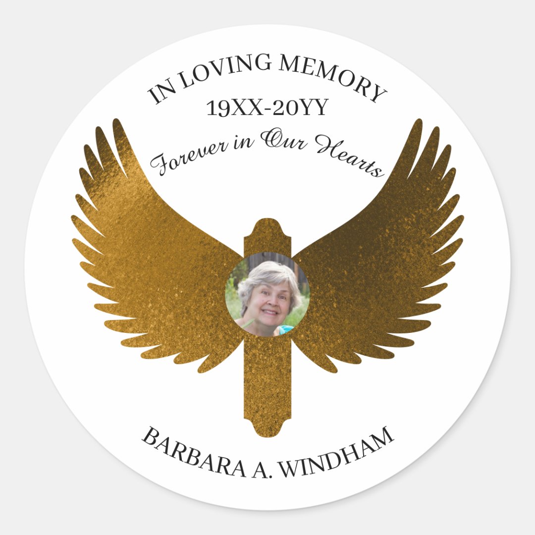 In Loving Memory Photo Keepsake Cross with Wings Classic Round Sticker ...