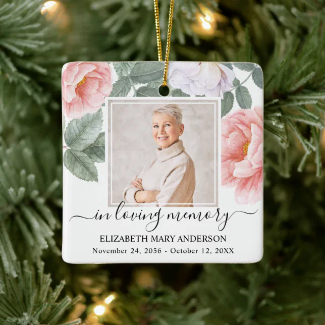 In Loving Memory Photo Pink Floral Memorial Ceramic Ornament | Zazzle