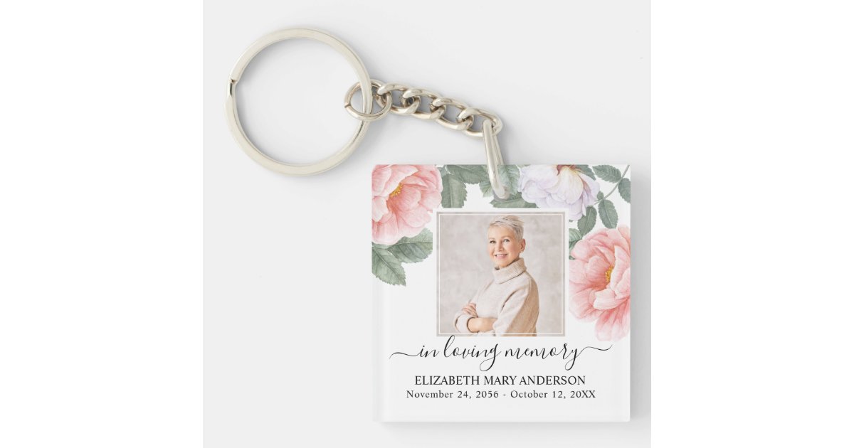 In Loving Memory Photo Pink Floral Memorial Keychain | Zazzle