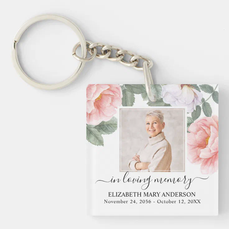 In Loving Memory Photo Pink Floral Memorial Keychain | Zazzle