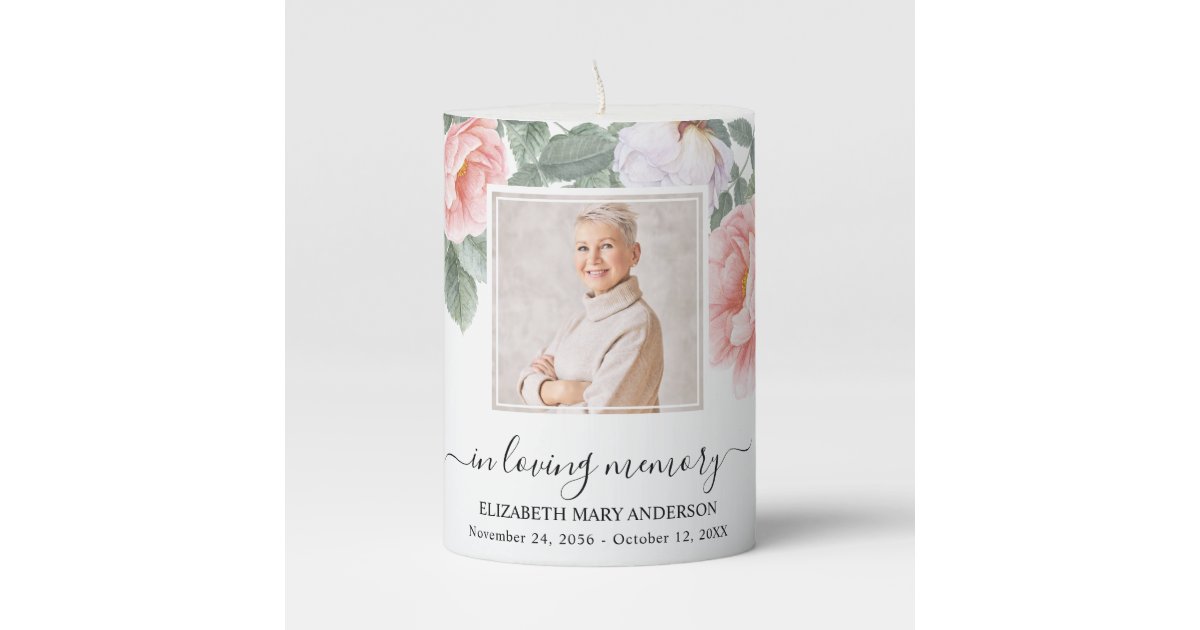 In Loving Memory Photo Pink Floral Memorial Pillar Candle | Zazzle
