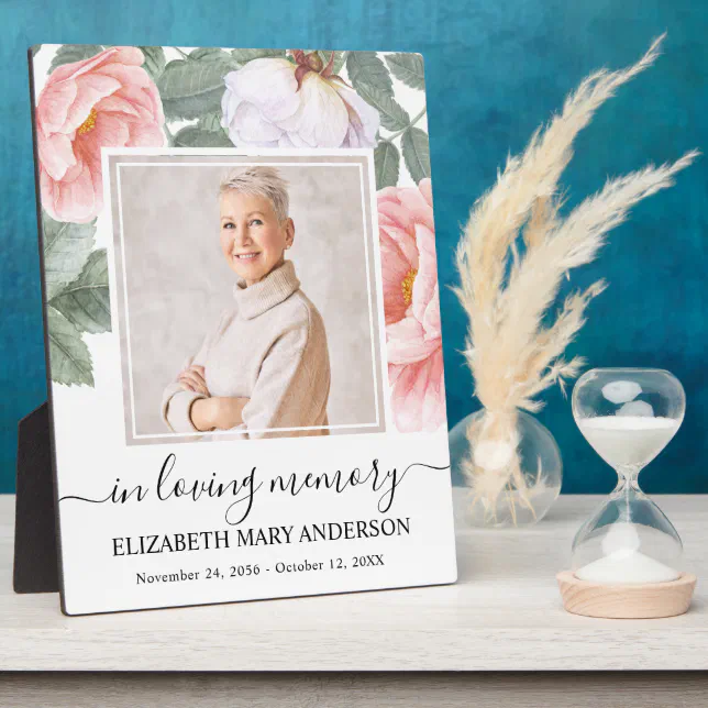 In Loving Memory Photo Pink Floral Memorial Plaque | Zazzle