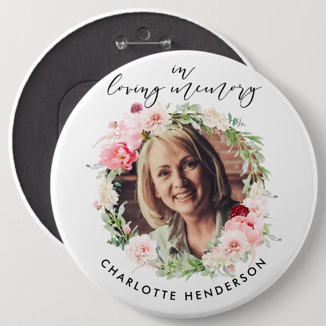 "In Loving Memory" Photo & Pink Peonies Tribute Button | Zazzle