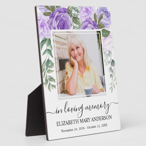 In Loving Memory Photo Purple Floral Memorial Plaque | Zazzle