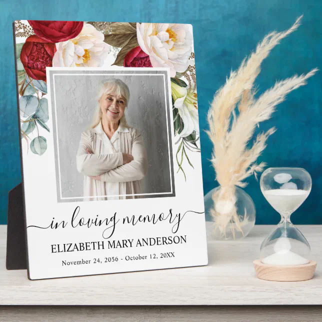 In Loving Memory Photo Red Rose Floral Memorial Plaque | Zazzle