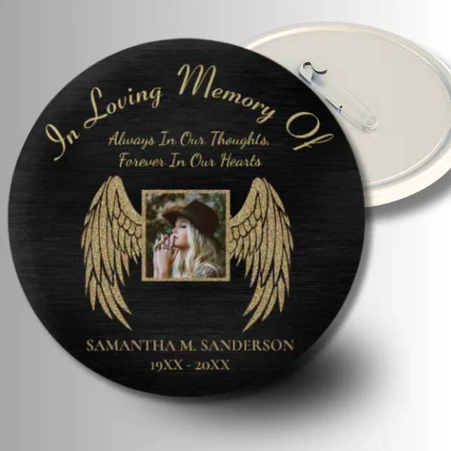 In Loving Memory Photo Remembrance Angel Wings Button | Zazzle