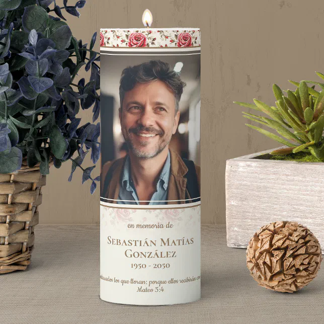 In Loving Memory Photo Spanish Funeral Pillar Candle | Zazzle