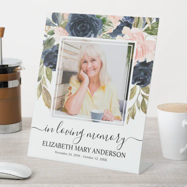 In Loving Memory Pink Navy Floral Funeral Photo Pedestal Sign | Zazzle