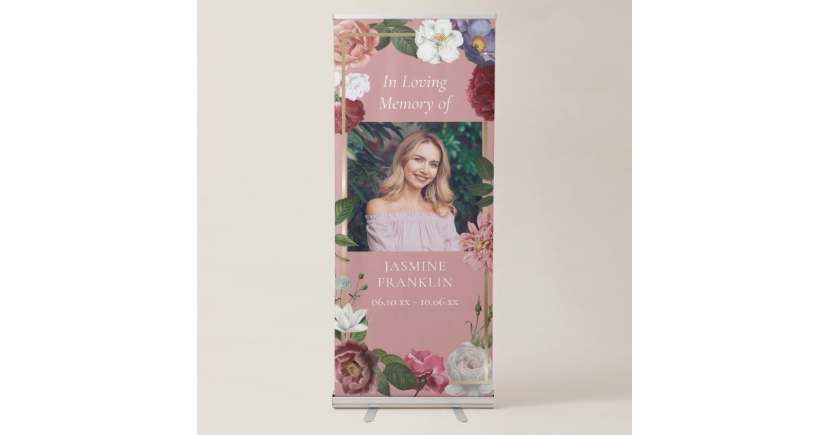 In Loving Memory Pink Rose Floral Photo Funeral Retractable Banner | Zazzle