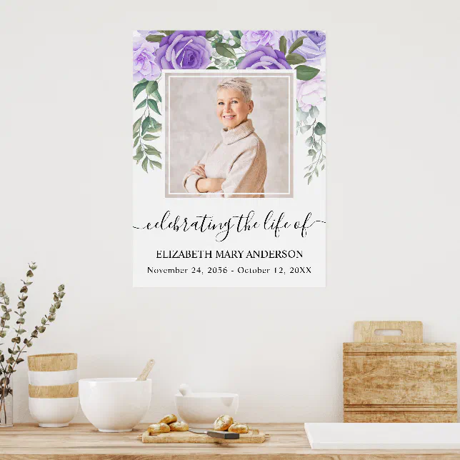 In Loving Memory Purple Floral Photo Poster | Zazzle
