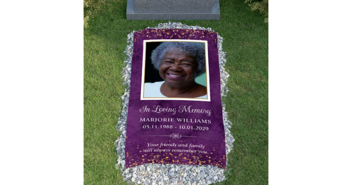 In Loving Memory Purple Gold Photo Grave Cover Banner | Zazzle
