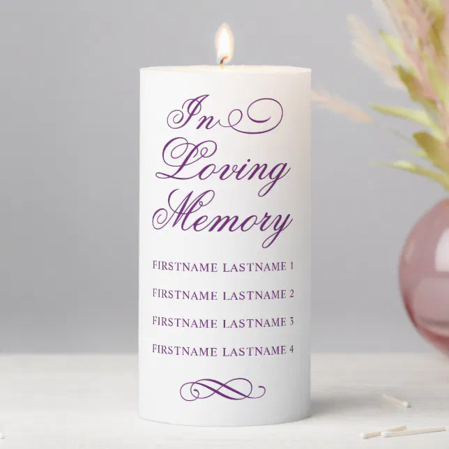In Loving Memory Purple Wedding Memorial Pillar Candle | Zazzle