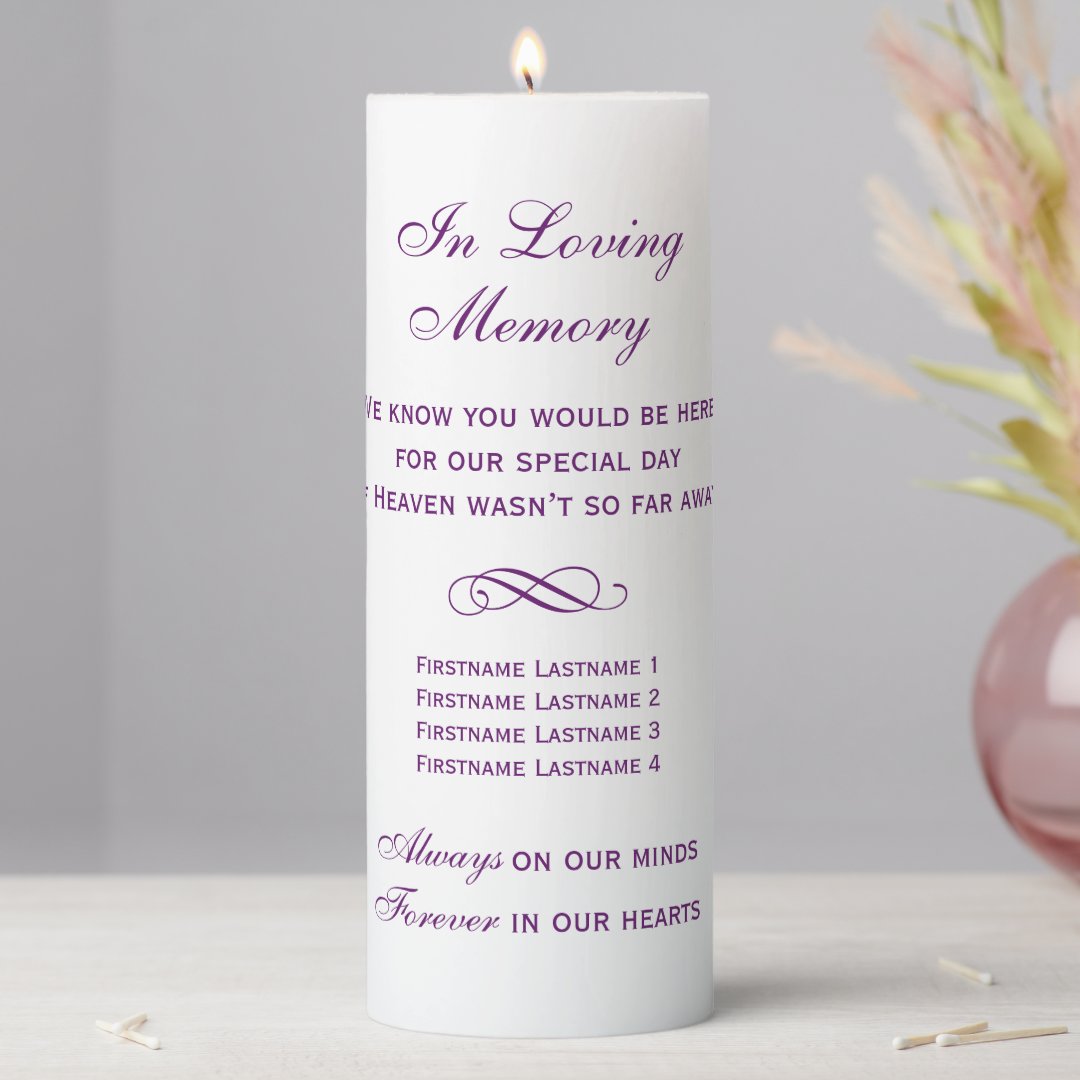 In Loving Memory Purple Wedding Memorial Pillar Candle | Zazzle
