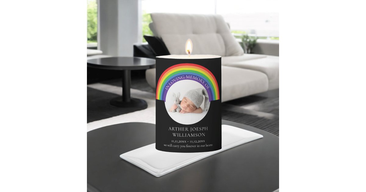 in loving memory rainbow baby rememberance modern pillar candle | Zazzle