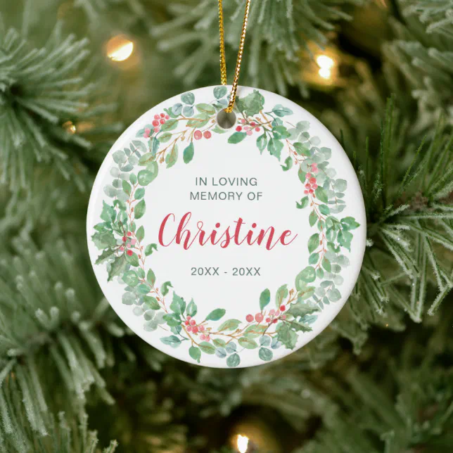 In Loving Memory Red Green Wreath Photo Memorial Ceramic Ornament | Zazzle