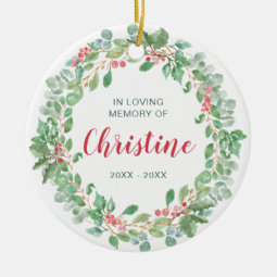 In Loving Memory Red Green Wreath Photo Memorial Ceramic Ornament | Zazzle