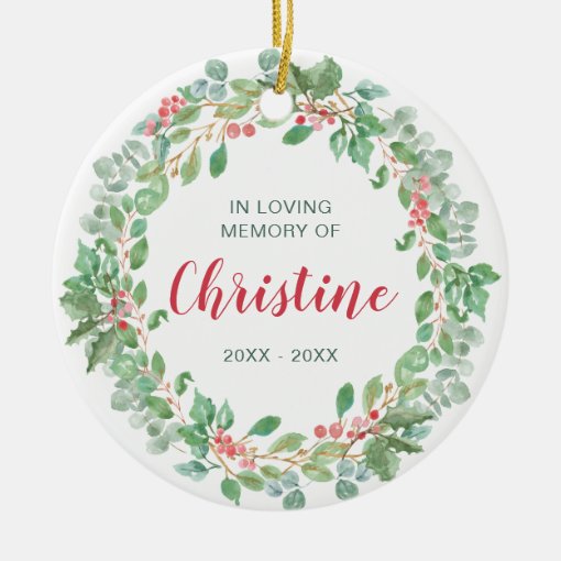 In Loving Memory Red Green Wreath Photo Memorial Ceramic Ornament | Zazzle
