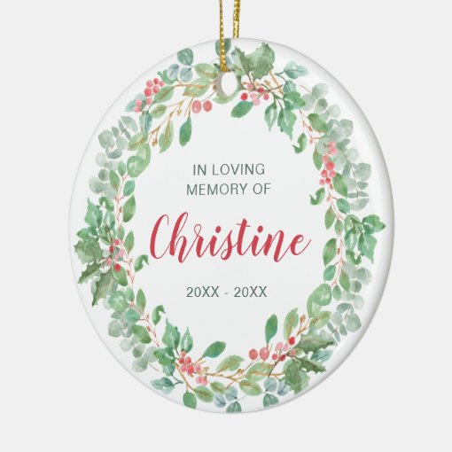 In Loving Memory Red Green Wreath Photo Memorial Ceramic Ornament | Zazzle