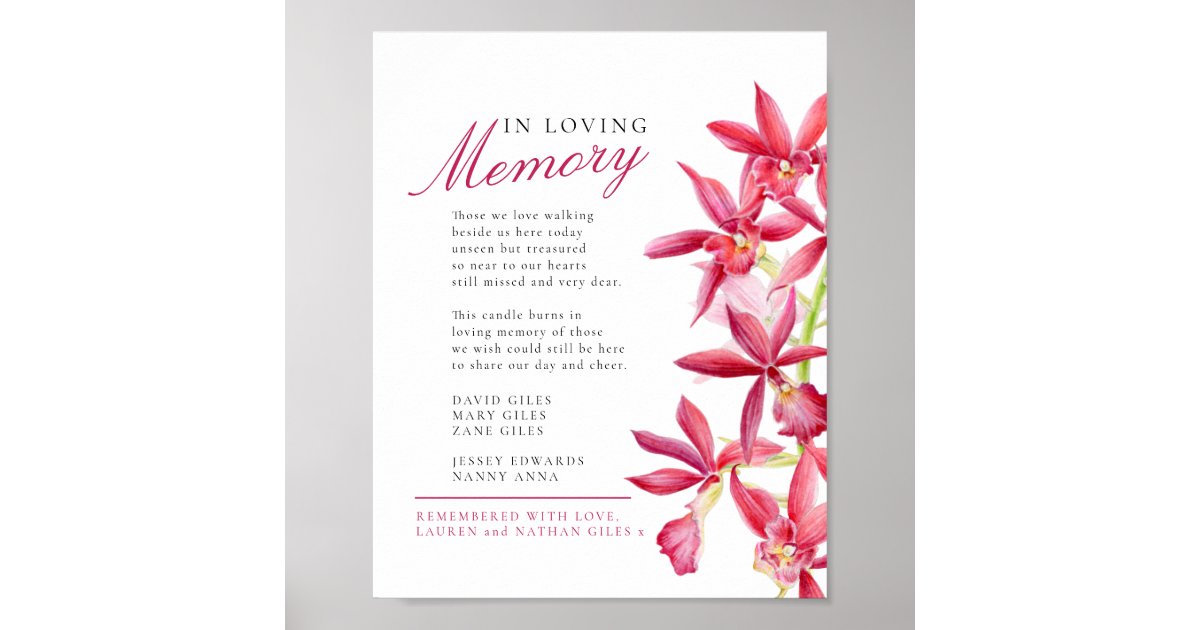 In loving memory red orchid watercolor wedding poster | Zazzle