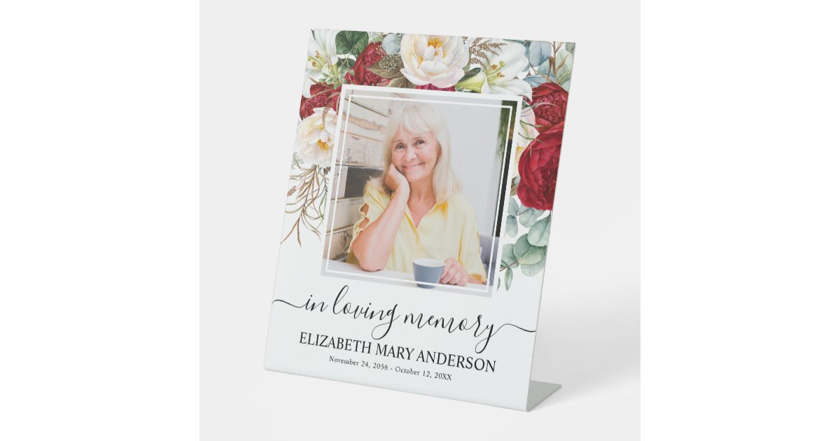 In Loving Memory Red White Floral Funeral Photo Pedestal Sign | Zazzle