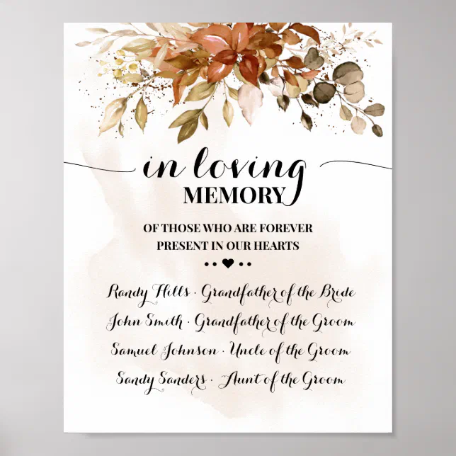 In loving Memory Remembrance Fall Autumn Wedding Poster | Zazzle