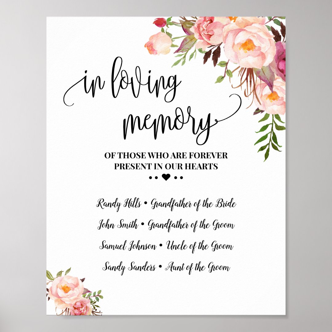 In loving memory remembrance pink floral wedding poster | Zazzle