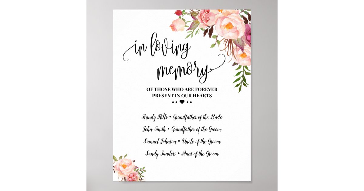 In loving memory remembrance pink floral wedding poster | Zazzle