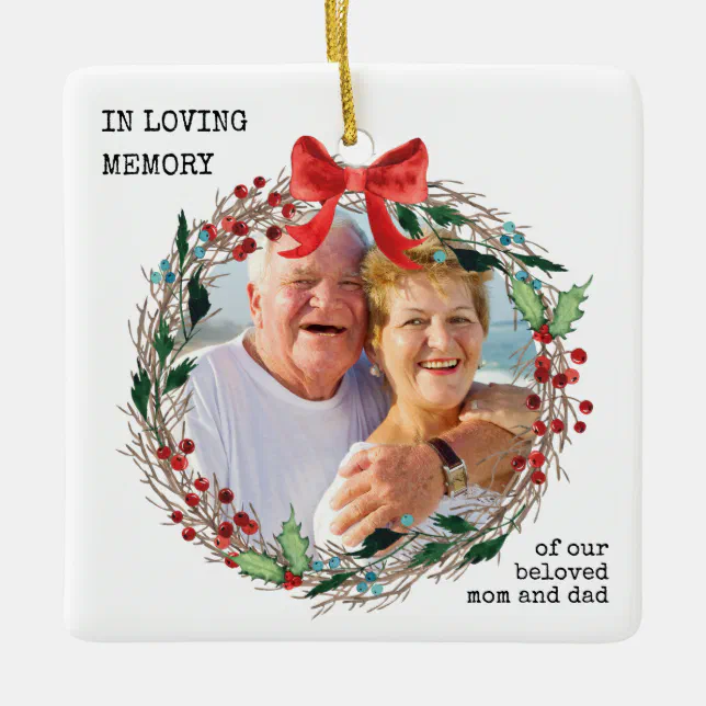 In Loving Memory Rustic Holly Wreath Photo Ceramic Ornament | Zazzle